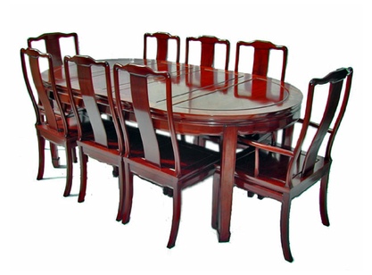 Oval Chinese Dining table with 8 chairs - plain Mandarin design - 80x44